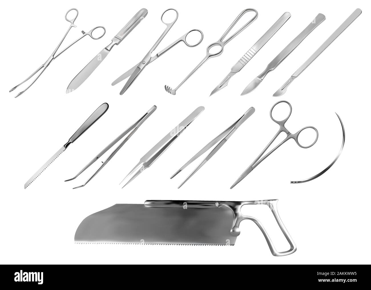 Les instruments chirurgicaux. Différents types de pinces, scalpels ...