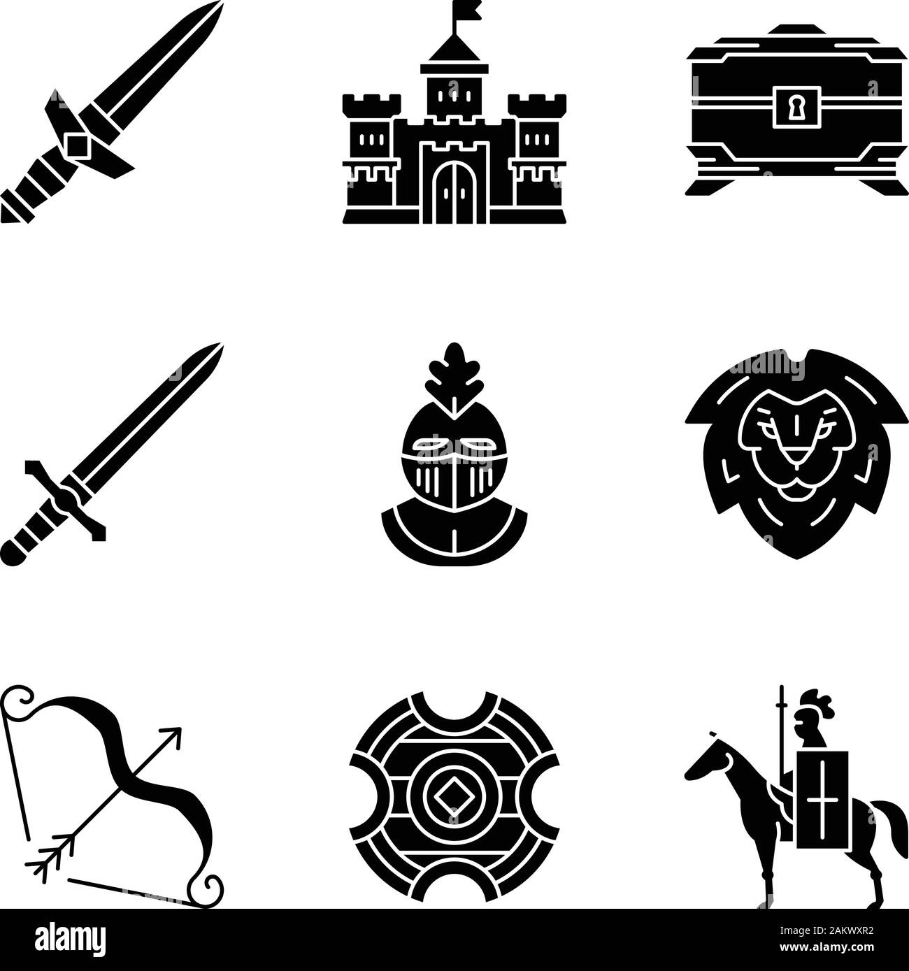 Glyphe médiévale icons set. Dagger, king castle, coffre au trésor ...