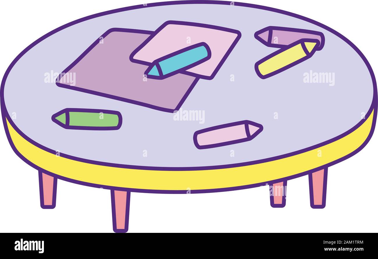 Table ronde avec des crayons de couleur et papier dessiner sur fond ...