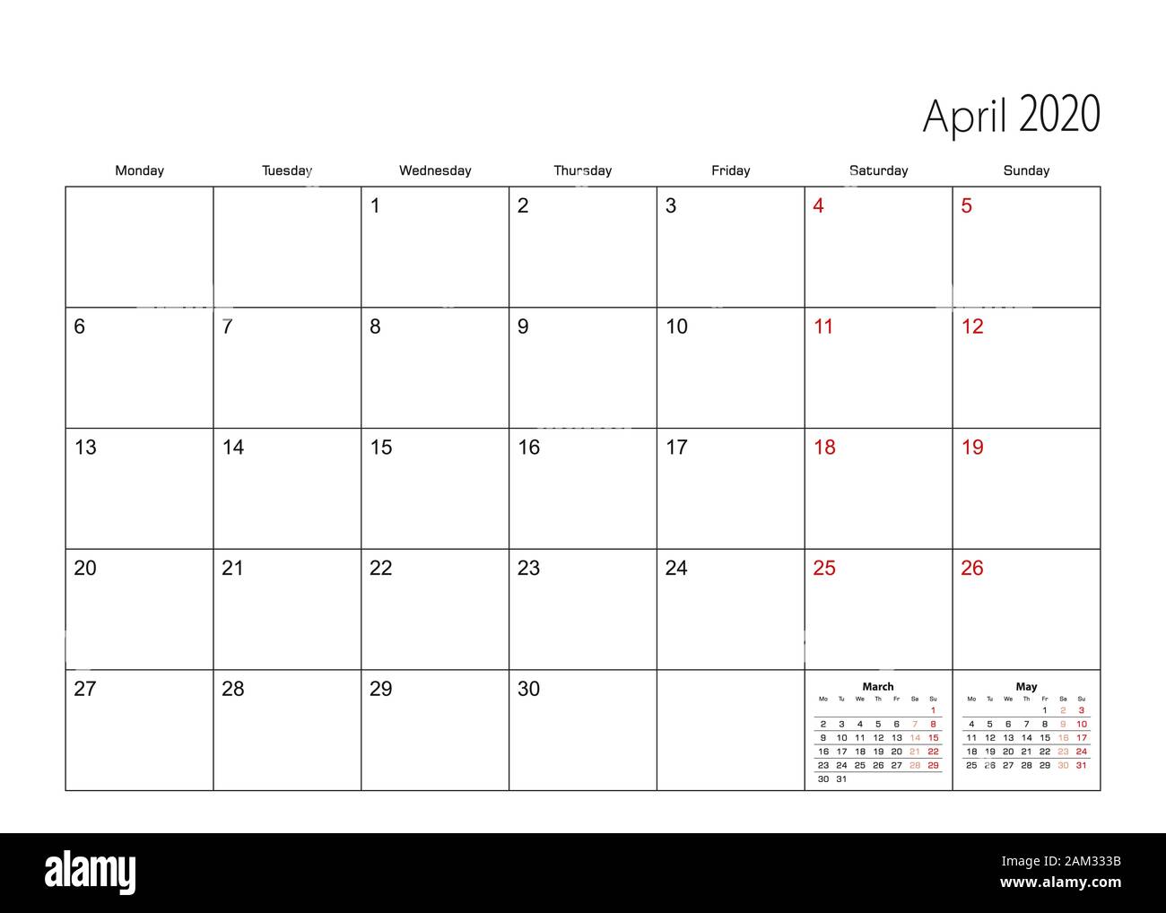 Avril 2020 simple calendrier planner, la semaine commence à partir de ...
