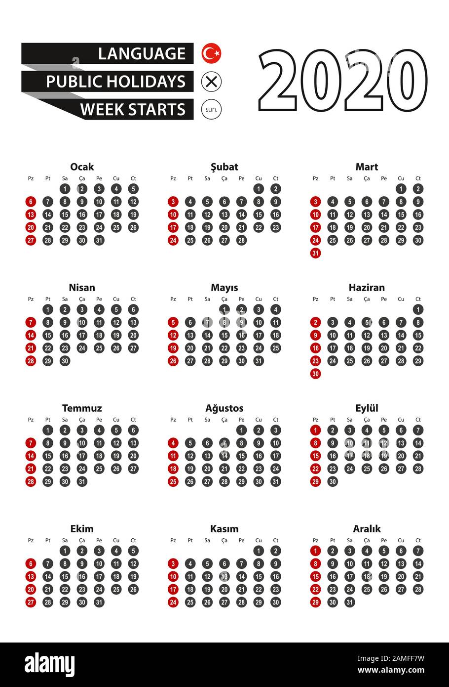 Calendrier turc 2020 avec des nombres en cercles, la semaine commence ...