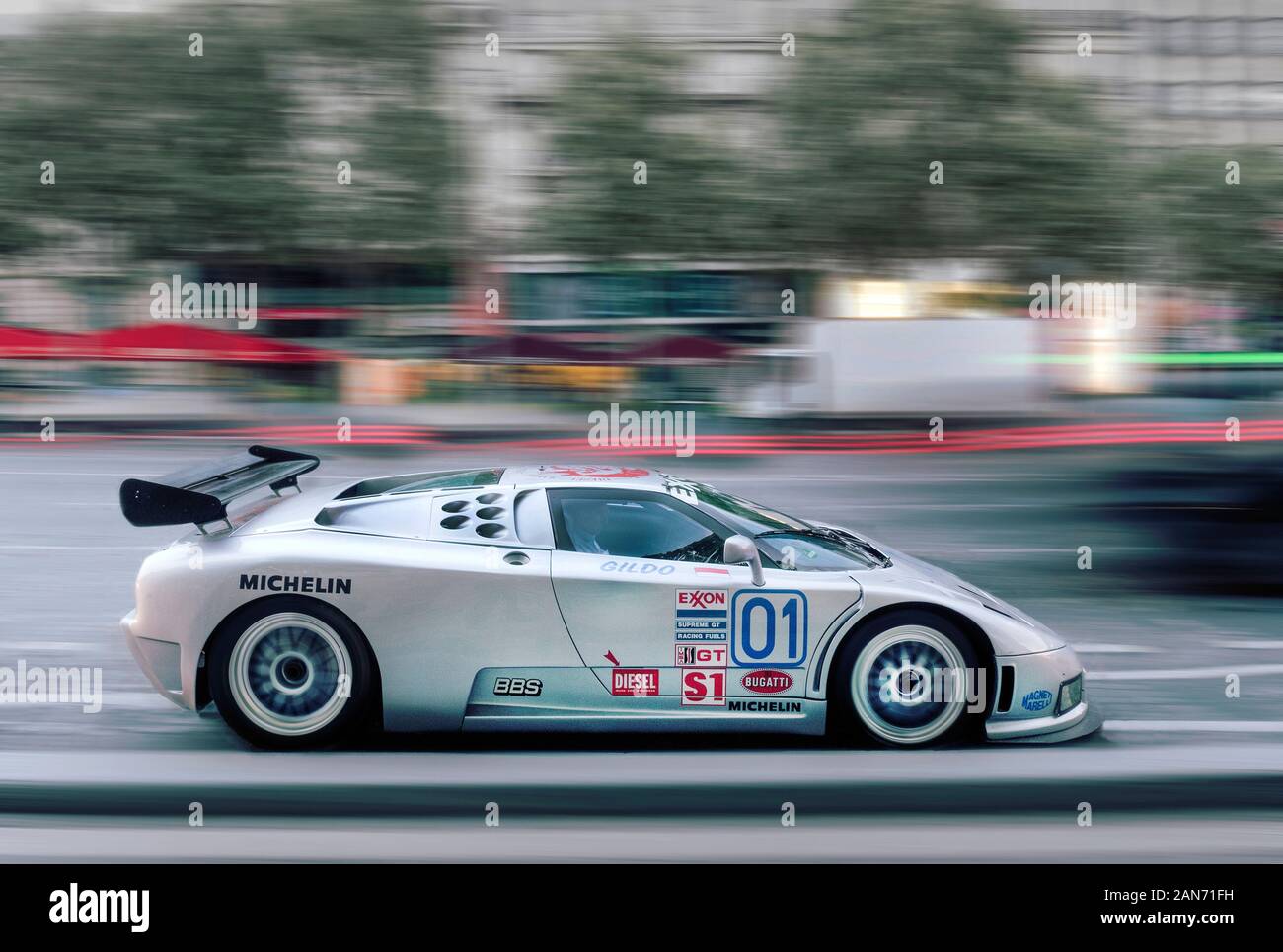 Bugatti EB110 Race car on the champs Elyse Paris. Voiture Silver 1995 ...