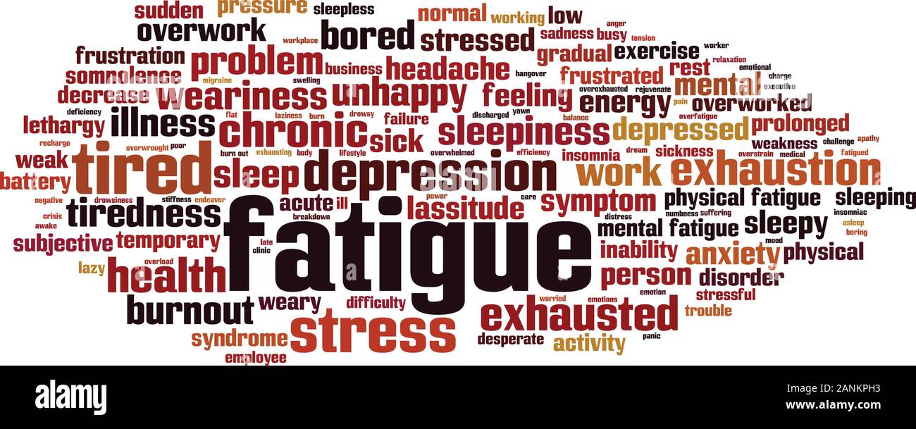 Concept de nuage de mots de fatigue. Collage de mots sur la fatigue ...