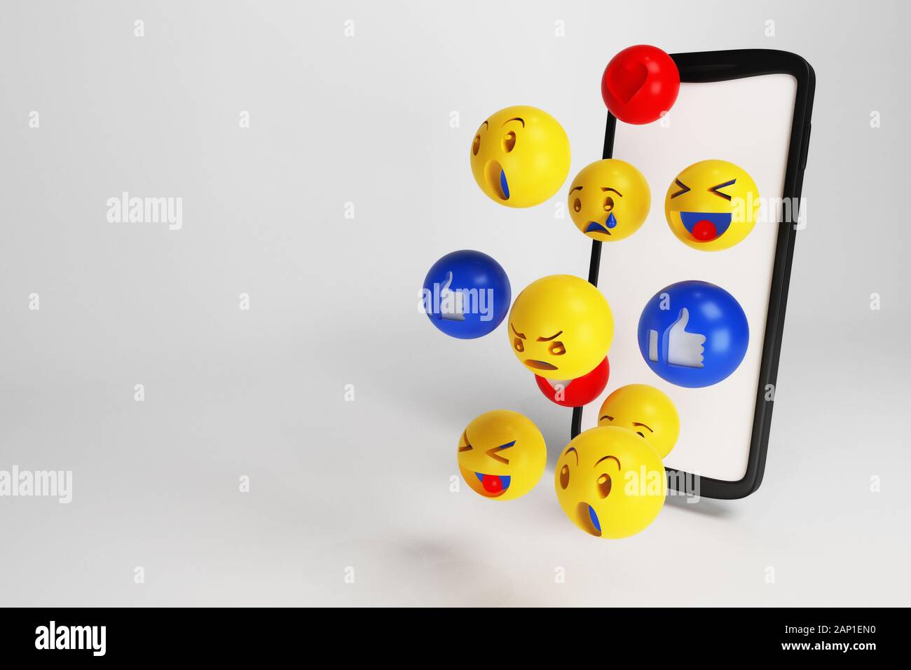 Ensemble d'émoticônes, heureux smiley avec téléphone mobile. Concept 3d ...