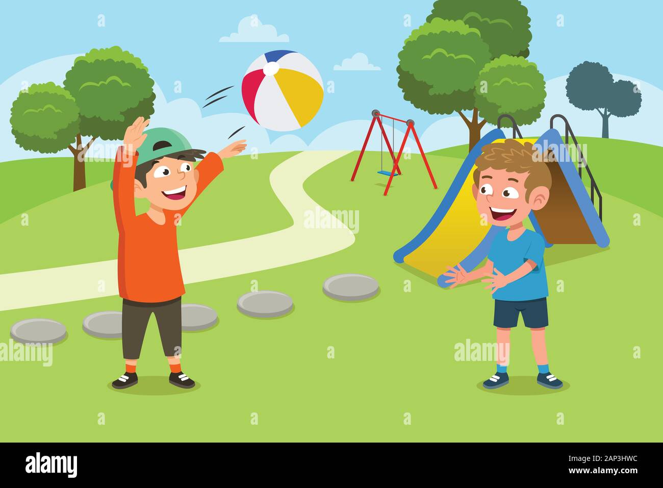 Un Vecteur Illustration Denfants Jouer Au Ballon Dans Laire De Jeux