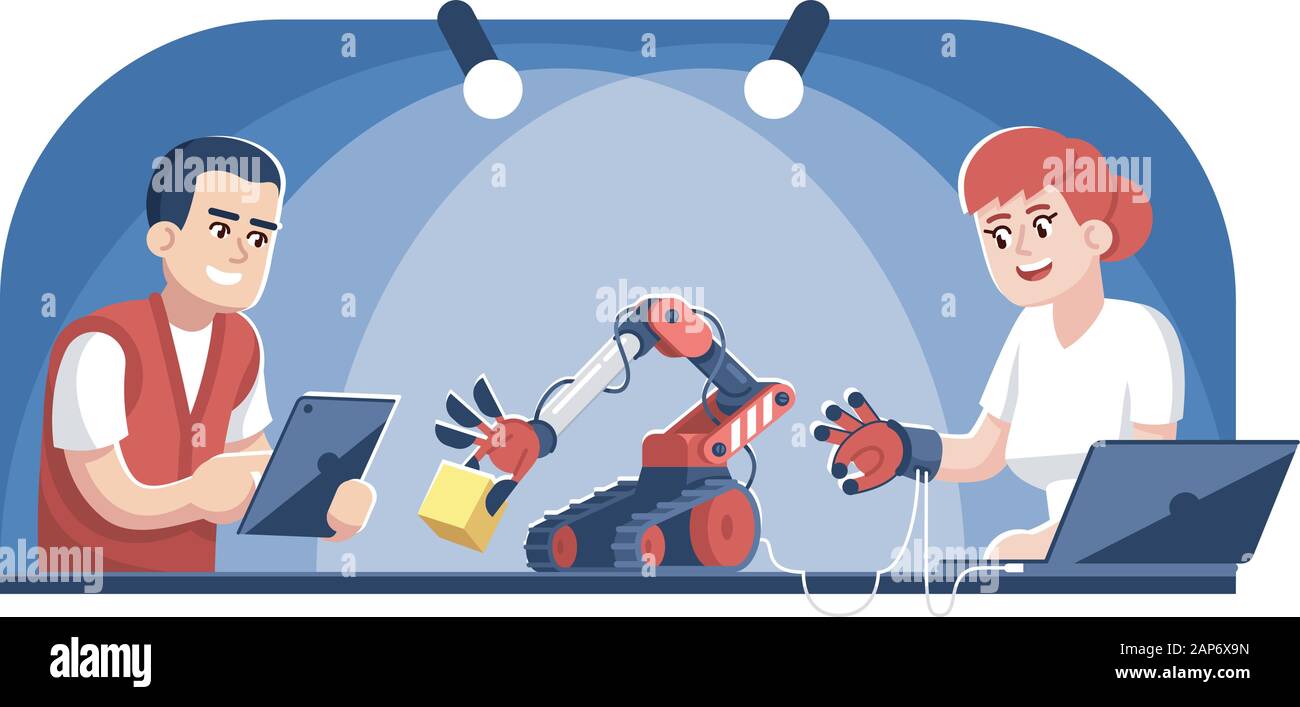 L'homme et la femme du bras robot d'exploitation télévision vector ...