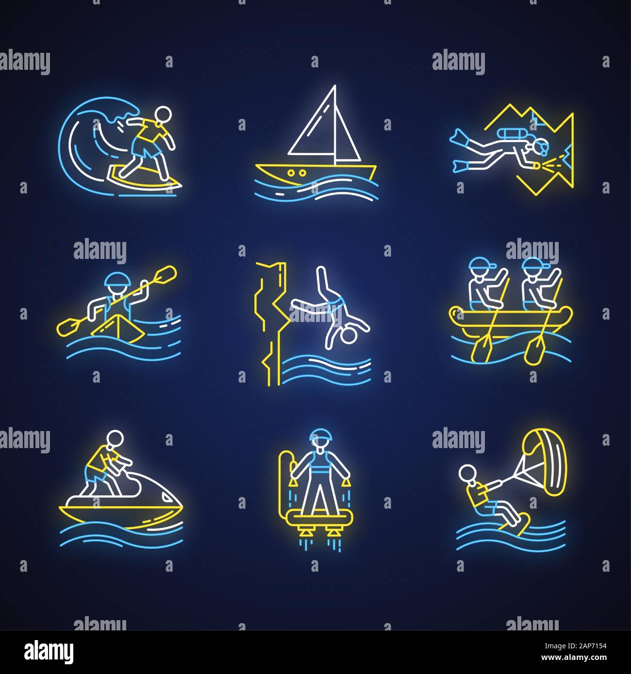 Base Nautique neon light icons set. Les panneaux lumineux. Cave plongée ...