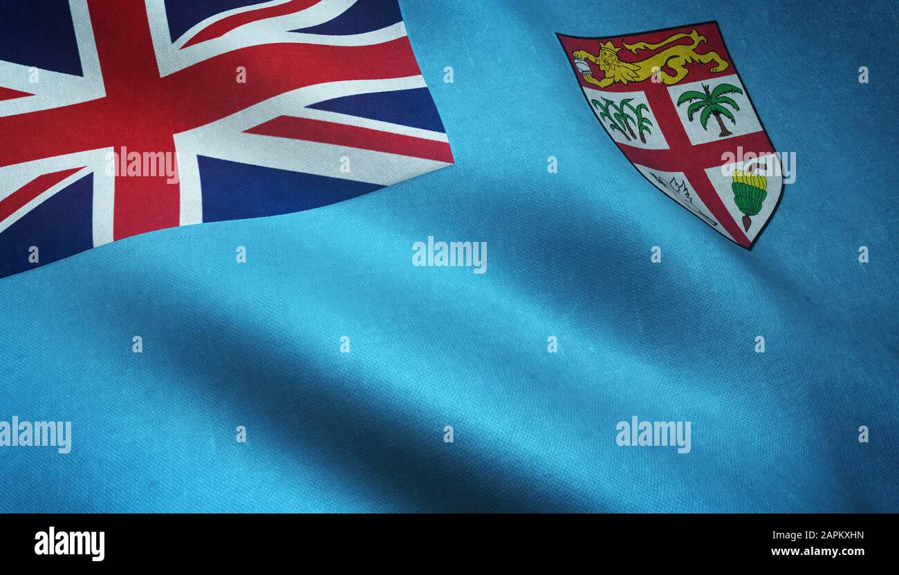 Gros plan sur le drapeau des Fidji qui agite de façon réaliste avec ...