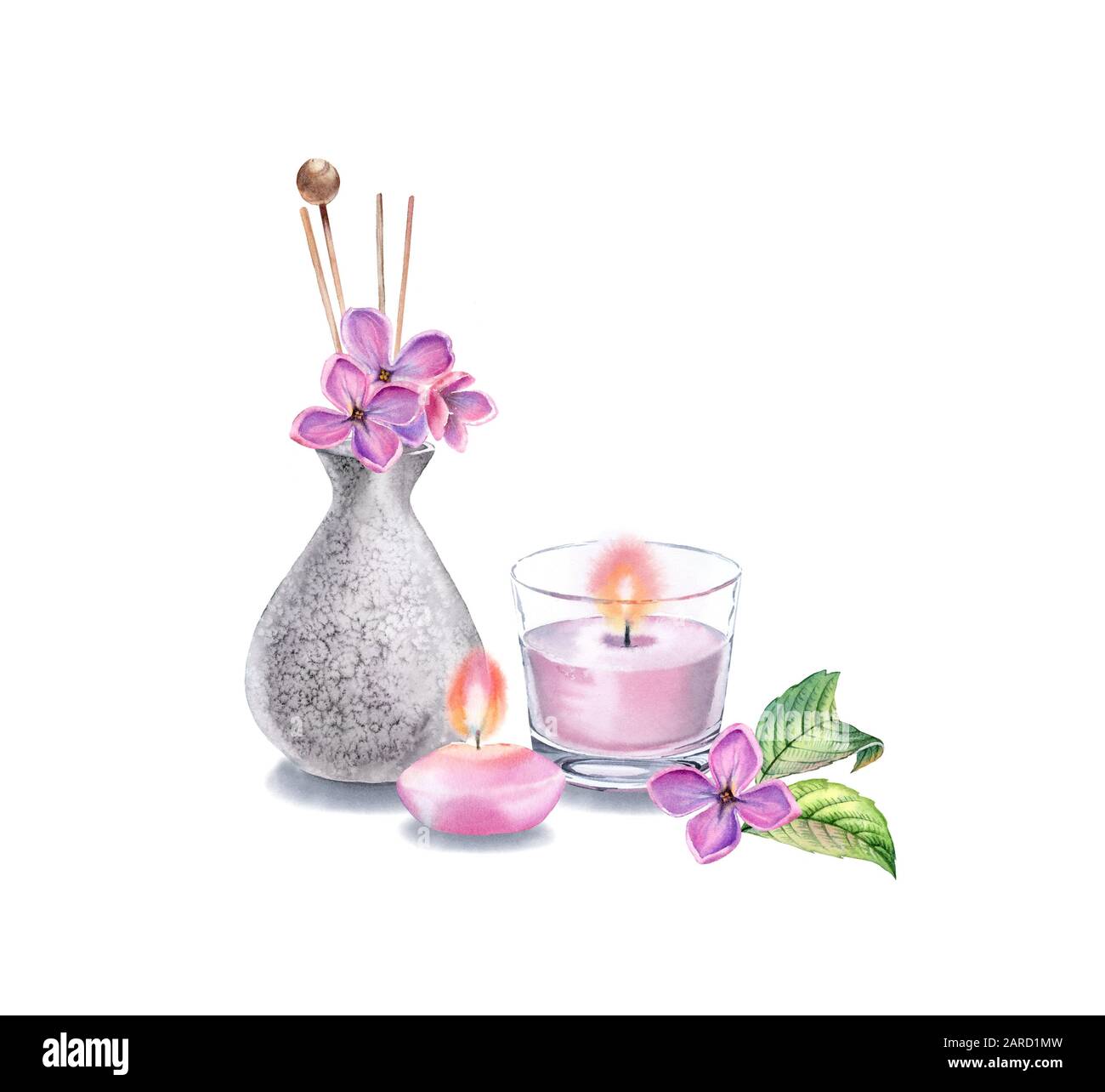 Arrangement aquarelle avec bougie, vase, fleurs lilas. Spa et produits ...