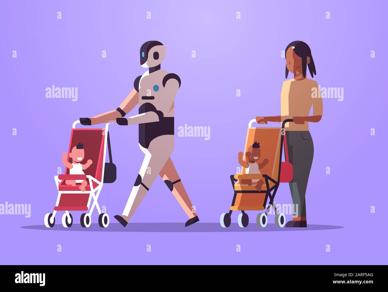 baby-sitter robotique et mère ou nanny marchant avec bébé dans le robot ...