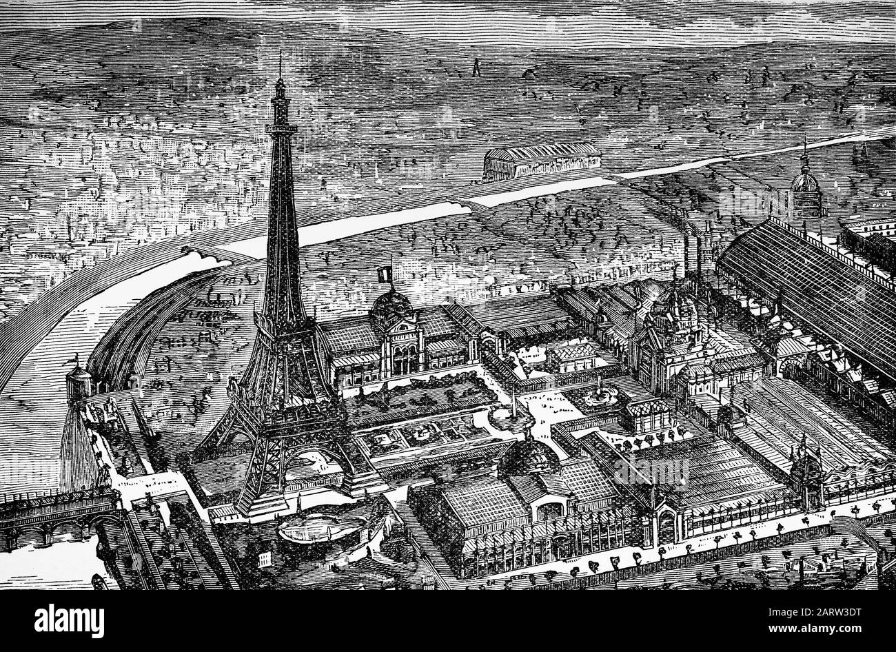 Vue aérienne de l'exposition de Paris et de la Tour Eiffel construite ...