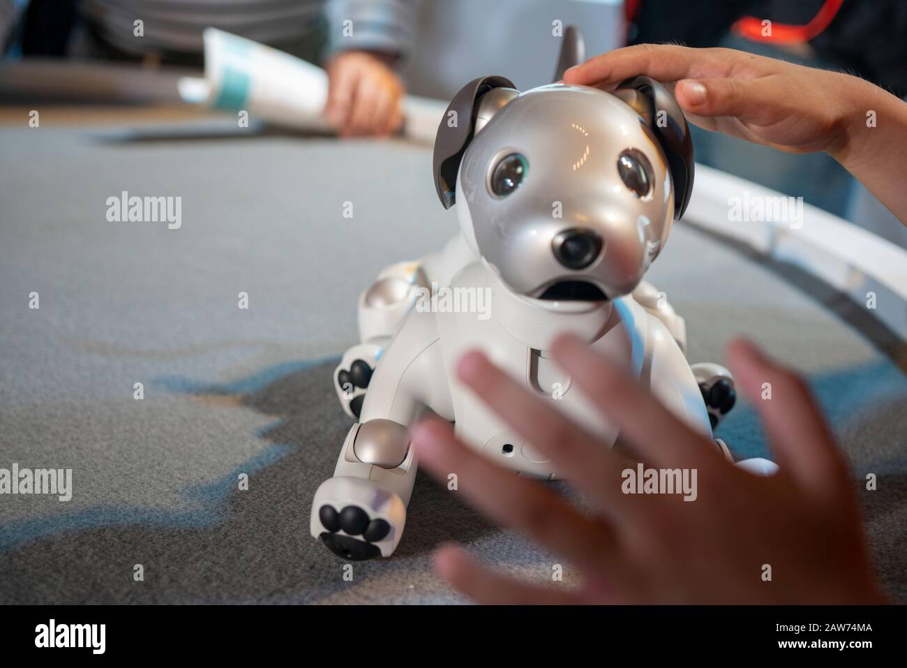 Shenzhen, Chine, Avril 2019. Robot AIBO exposé à Sony Expo 2019. AIBO (aibo stylisé, robot d ...