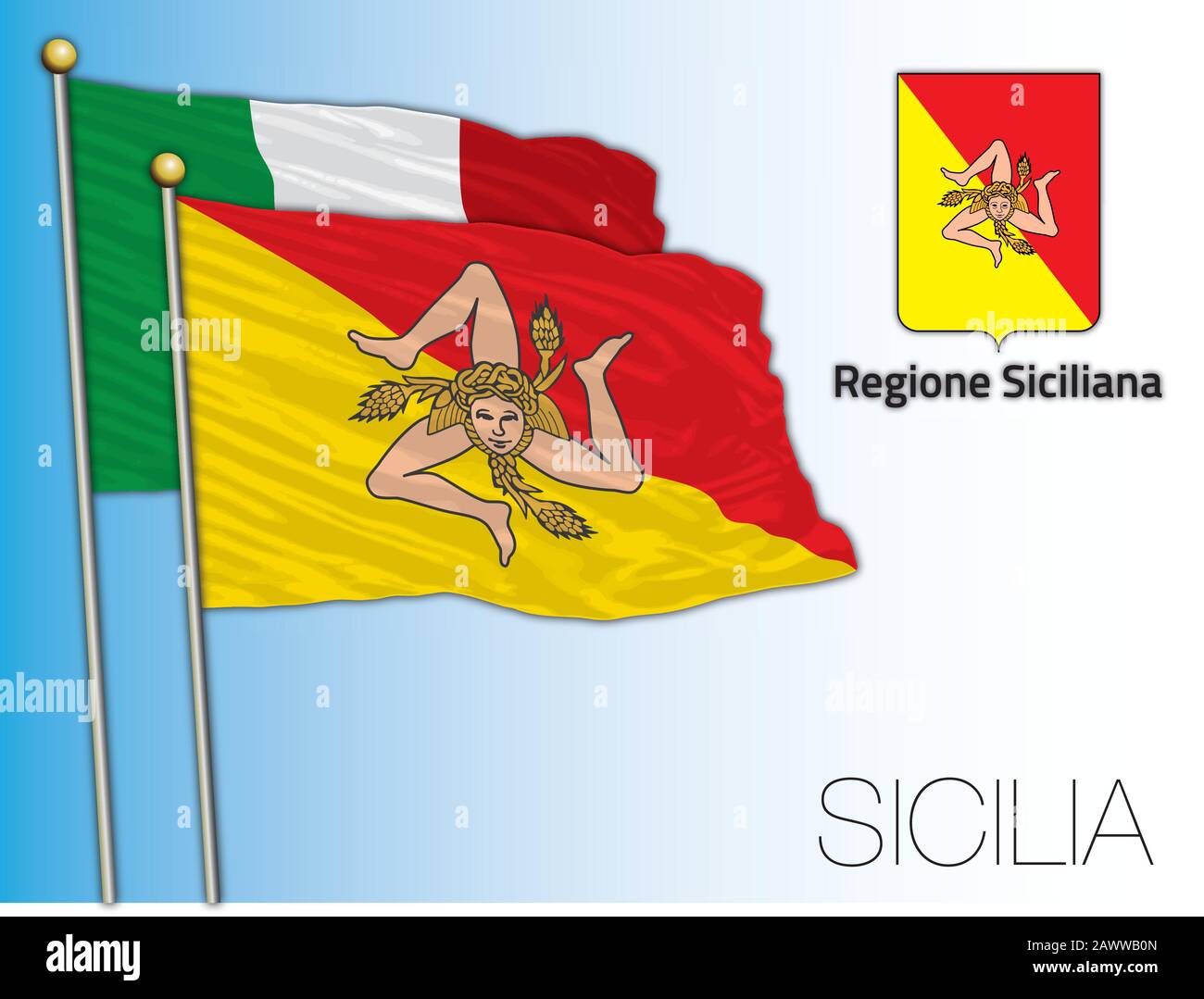 Sicile ou Sicilia drapeau régional officiel et armoiries, Italie ...
