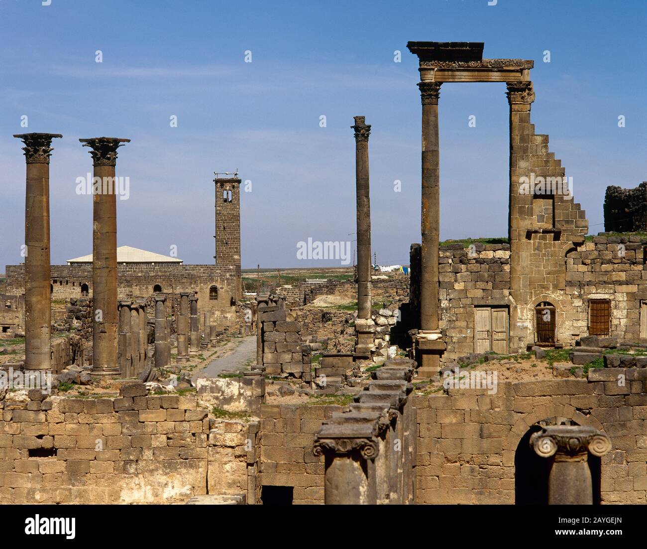 Syrie, Bosra. Ancienne ville romaine. Ninfeo. Vestiges des capitales ...