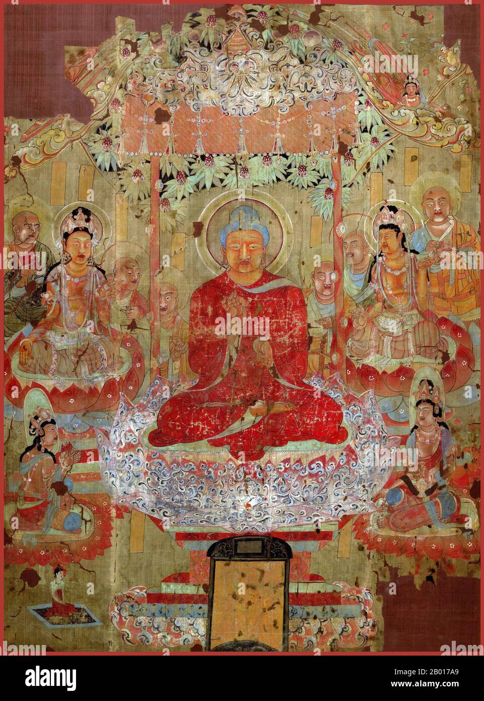 Chine : Bouddha décrivant la doctrine sous un arbre.Toile de défilement ...