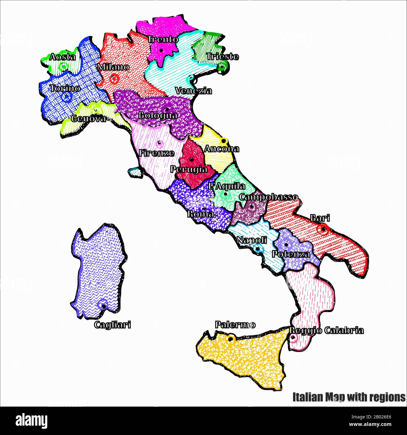 Carte de l'Italie illustration graphique brillante. Dessin à la main avec carte. Carte de l ...