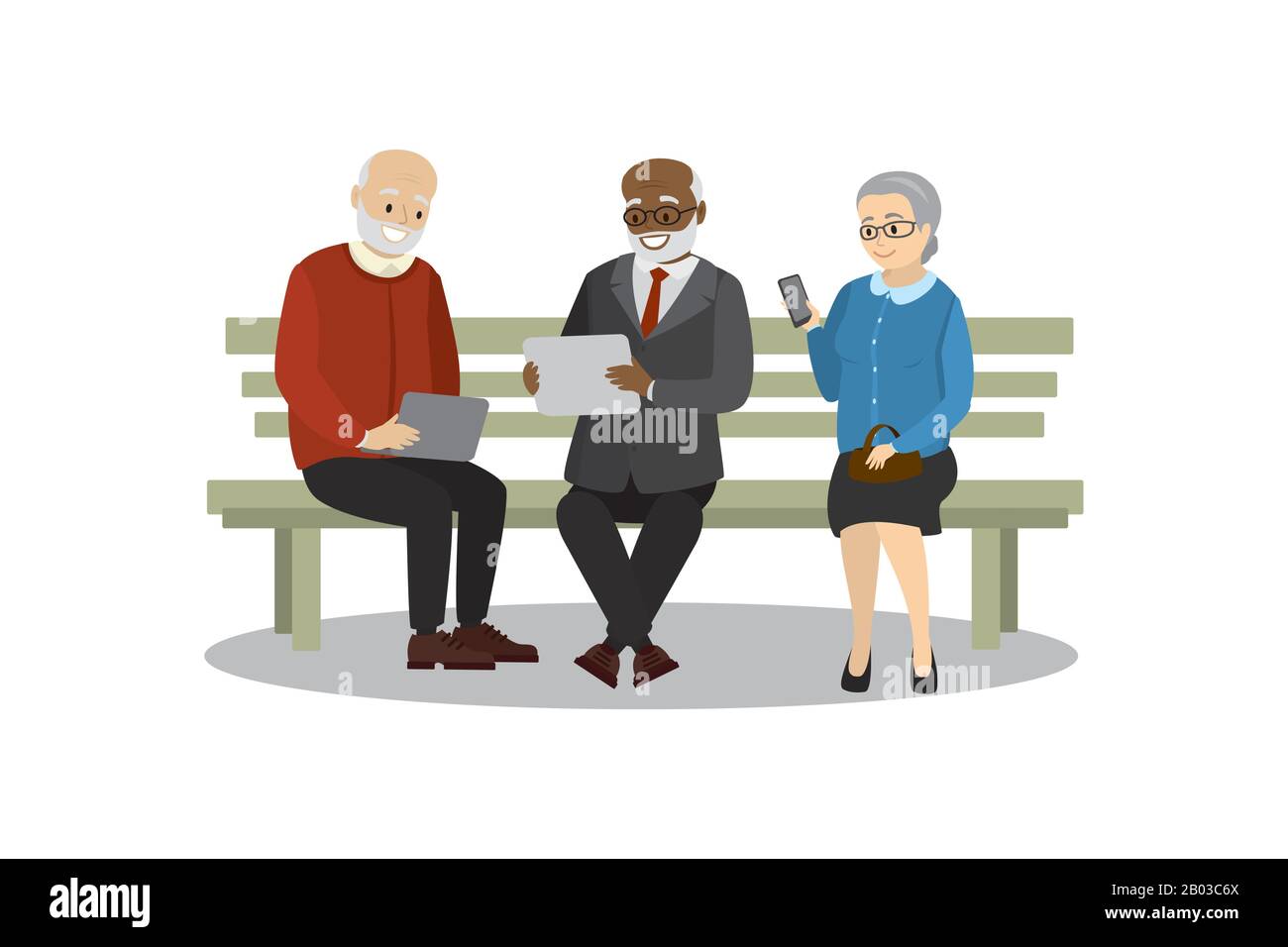 Vieux Ou Retraités Avec Des Gadgets Intelligents Assis Sur Un Banc