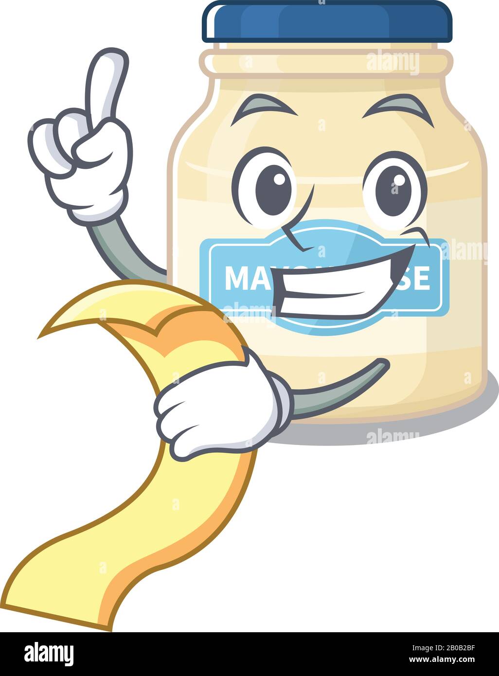 Un drôle de personnage de dessin animé de mayonnaise tenant un menu ...