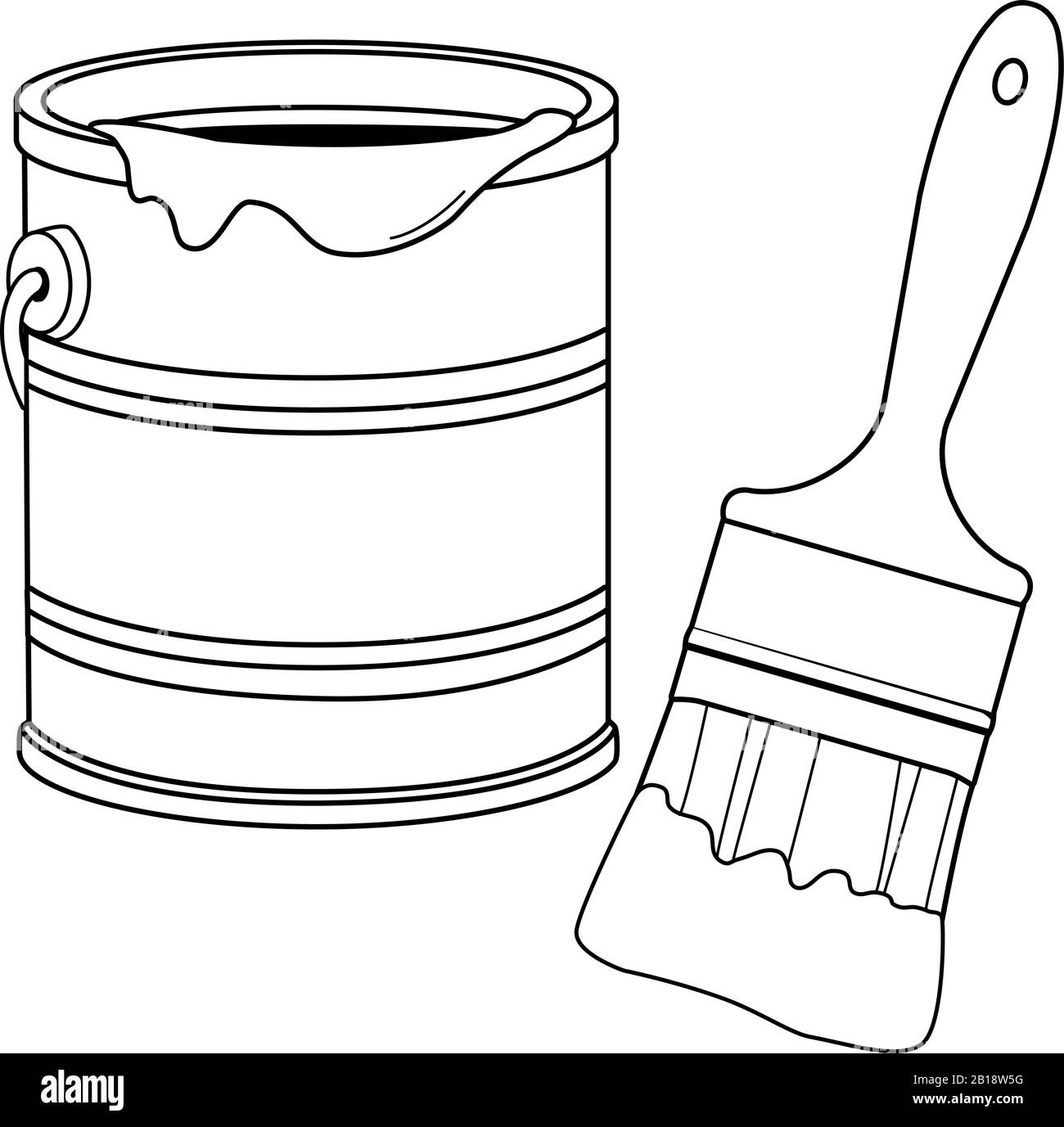 Seau à peinture et brosse. Page de coloriage noir et blanc vectoriel ...