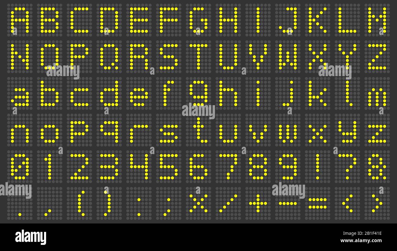 Police d'affichage LED. Alphabet de tableau de bord numérique, numéros de panneaux électroniques ...