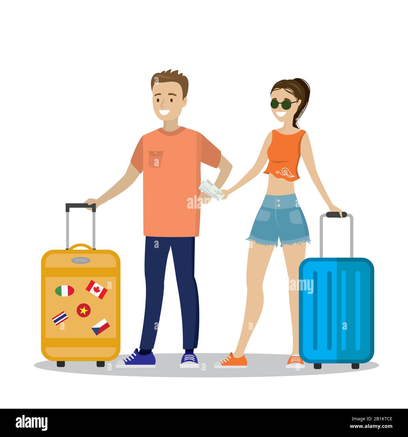 Heureux jeune couple, passagers avec valises.Homme et femme sur un ...