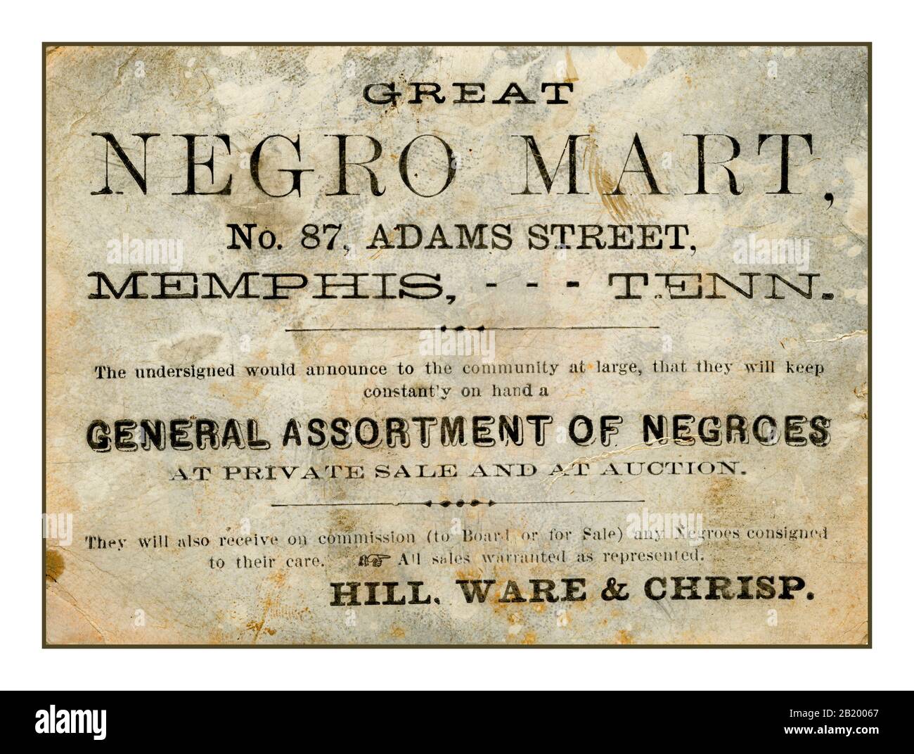 Vintage Slave vente aux enchères 1800's USA Publicité carte flyer pour ...