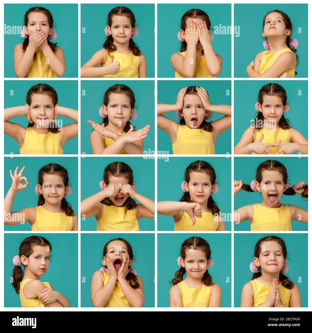 collage de portraits de petite fille avec différentes émotions sur fond ...
