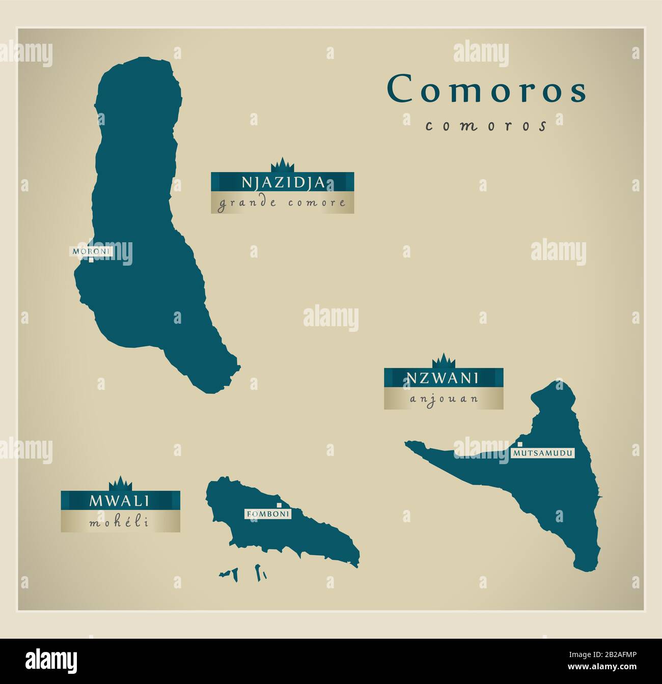 Carte moderne - Comores avec les îles et les grandes villes Image ...