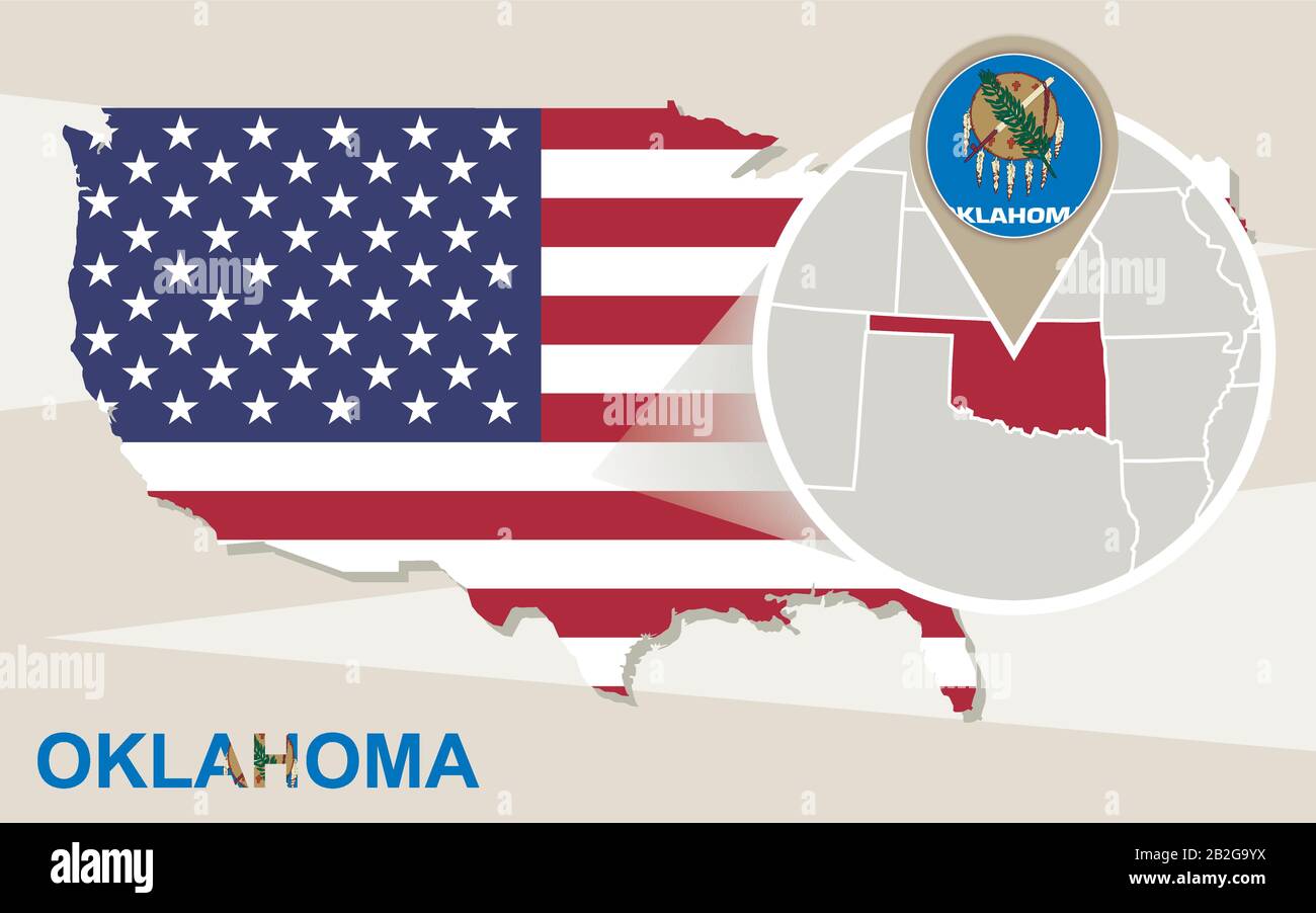 Carte des États-Unis avec l'état agrandi de l'Oklahoma. Drapeau et ...