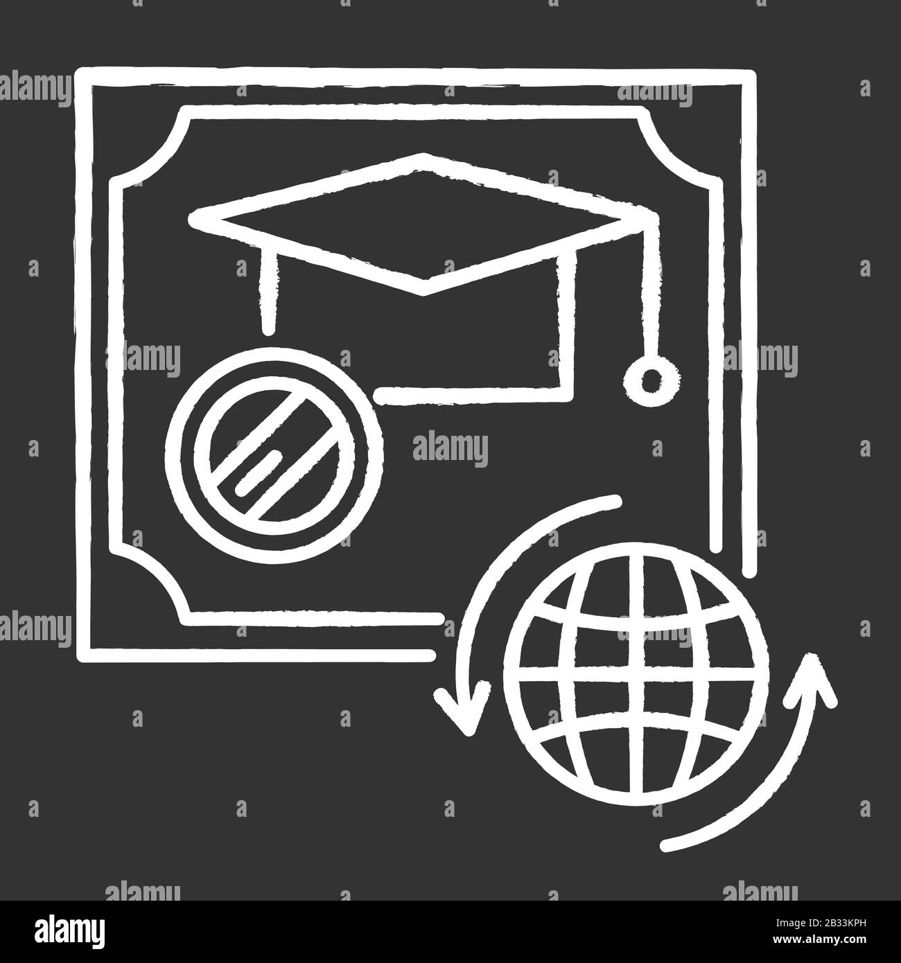 Icône blanche de craie de diplôme sur fond noir. Certificat scolaire ... Icône blanche de craie de diplôme sur fond noir. Certificat scolaire ...