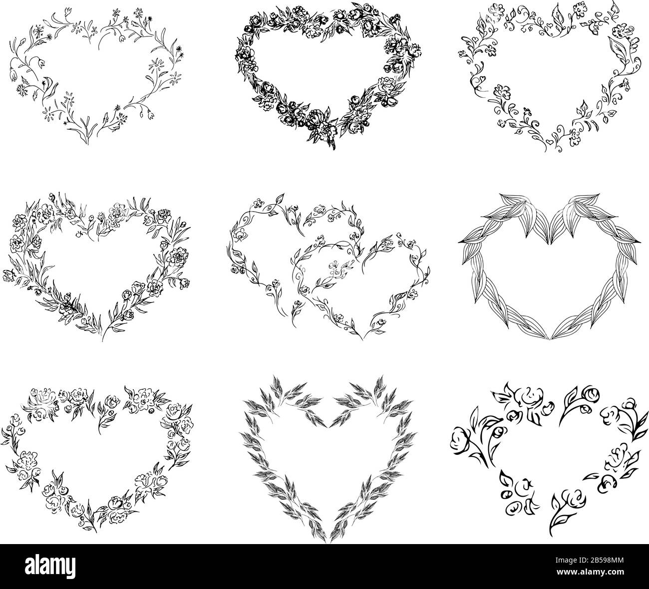 Collection vintage Outline fleur coeur. Contours de fleurs dessinées à ...