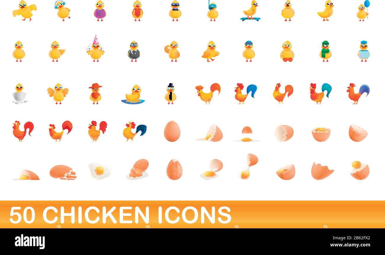 jeu de 50 icônes de poulet. Illustration de dessin animé de 50 icônes ...