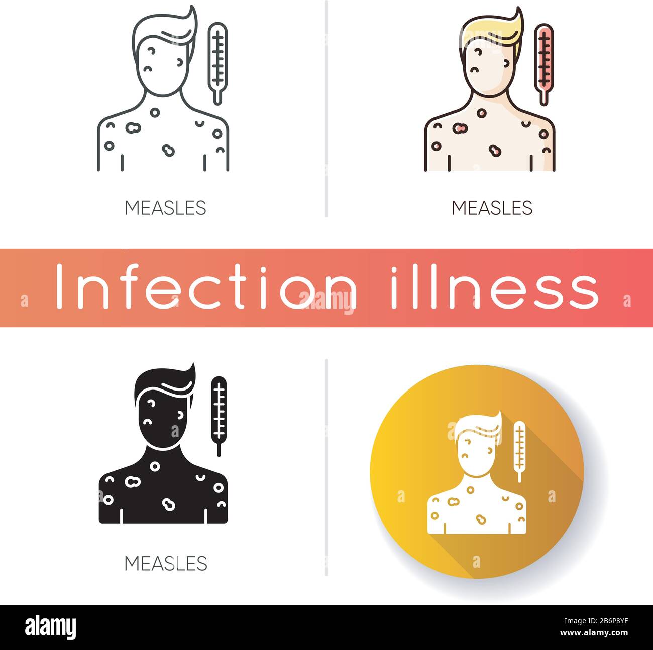 Icône de rougeole. Styles de couleur linéaire noir et RVB. Infection ...
