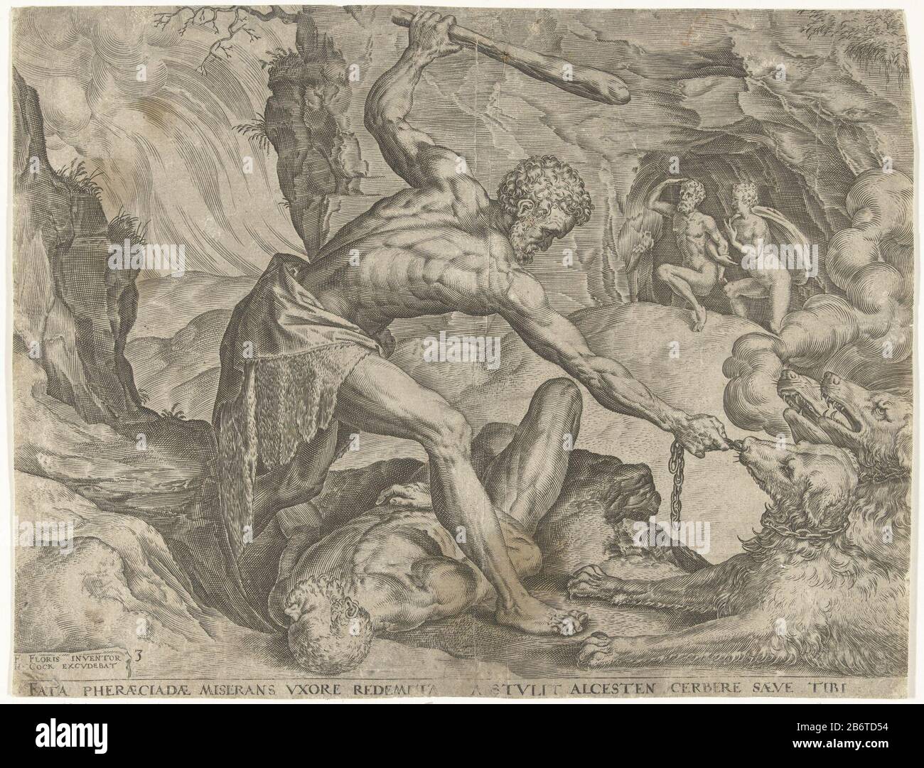Hercules slept Cerberus de hel uit Werken van Hercules (servietitel ...