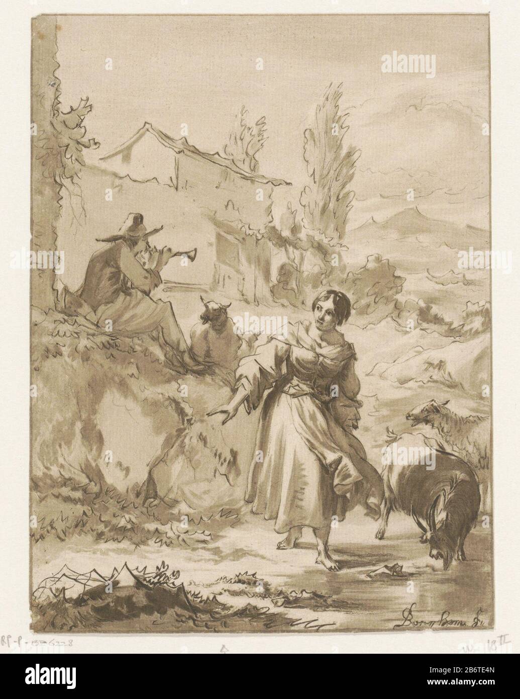 Herder met schalmei un berger est assis sur un rocher et joue chanter. À côté de lui est un ...