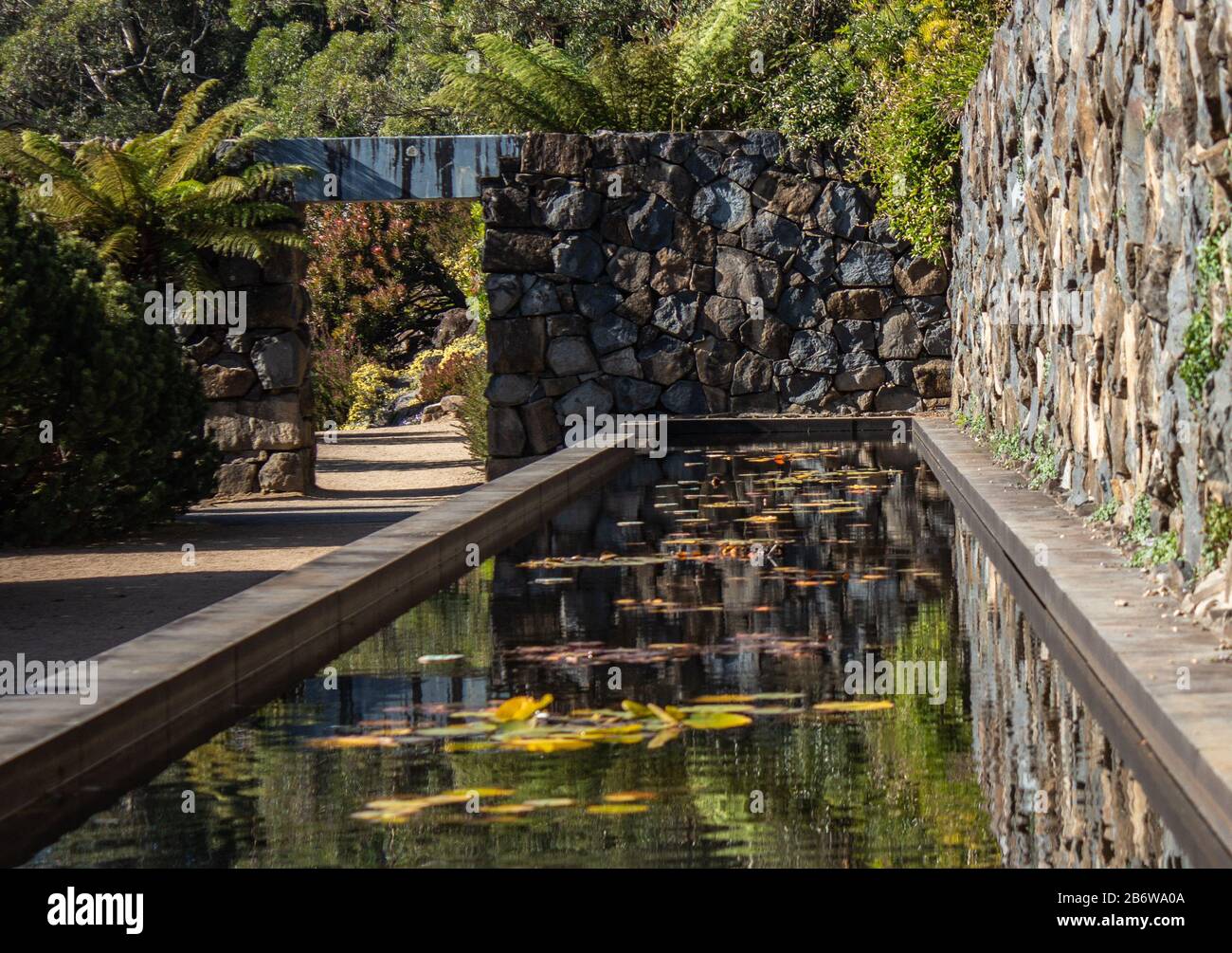 Étang de jardin, mur de pierre, chemin de la porte de voûte entourée d ...