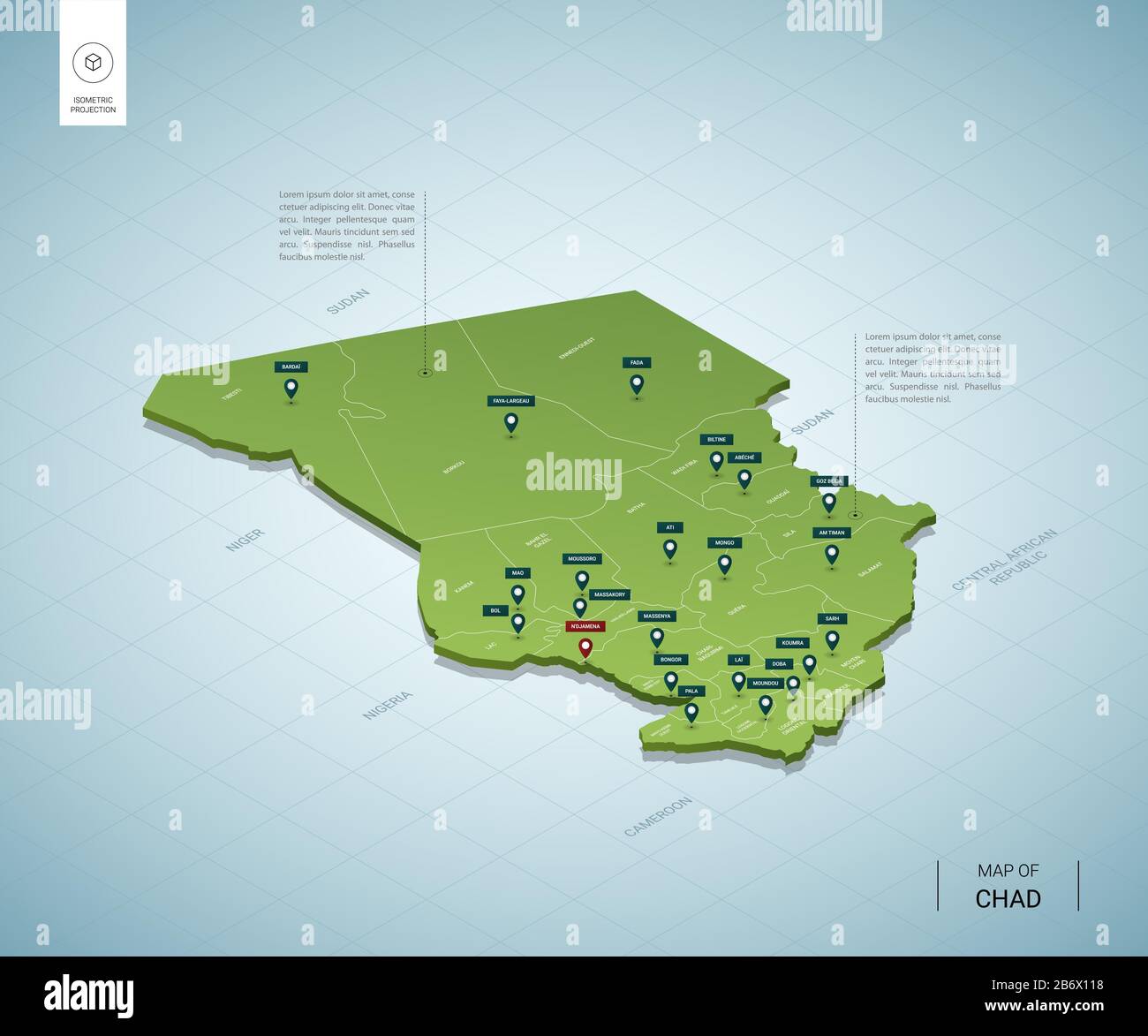 Carte stylisée du Tchad. Carte verte isométrique tridimensionnelle avec ...