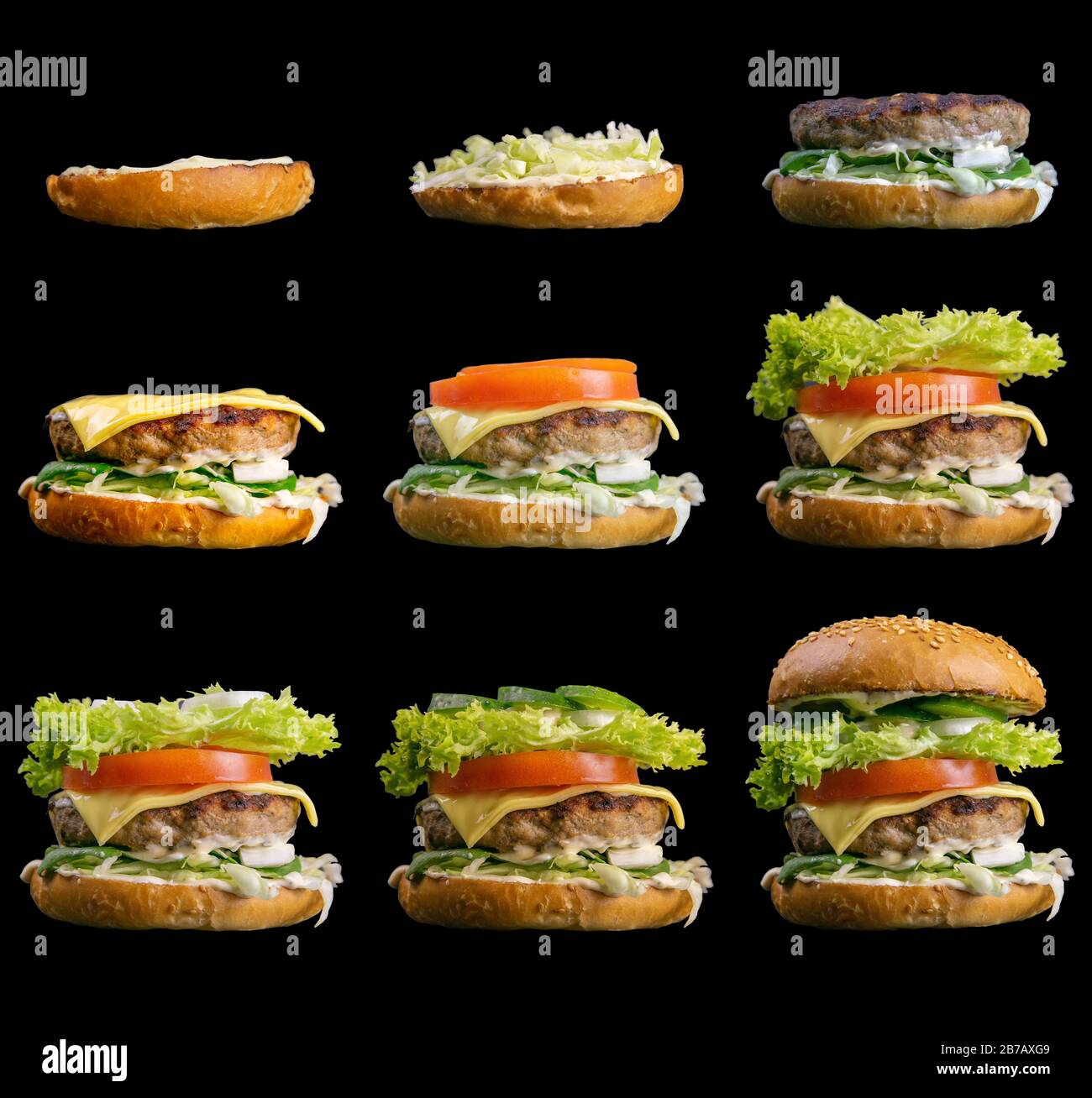 Processus permettant de burger, étape par étape isolé sur fond noir ...