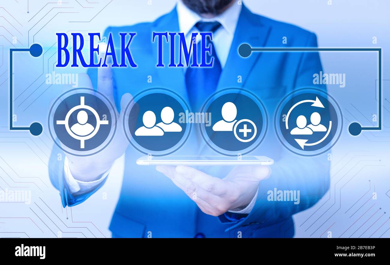 Main conceptuel écrit, indiquant la pause. Sens Concept heure prévue ...