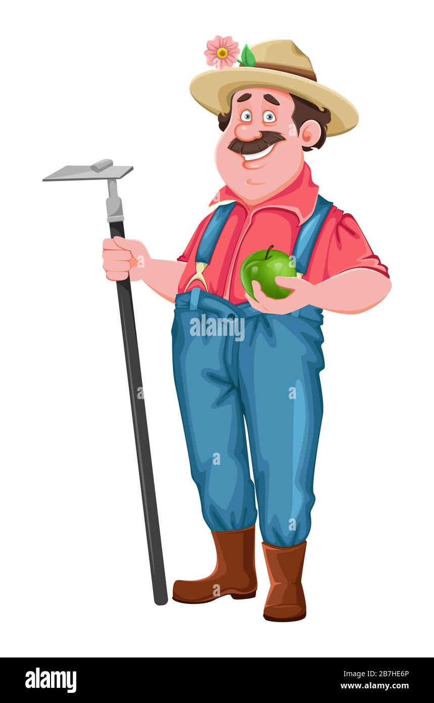 Personnage de dessin animé fermier. Fermier joyeux avec la houe et la ...