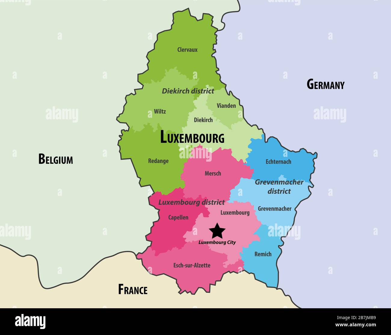 Carte des cantons luxembourgeois colorés par districts, avec les pays ...
