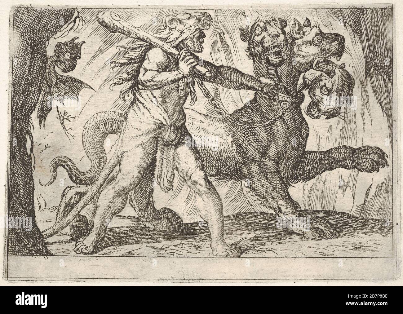 Hercules et Cerberus: Hercules saisit le col de Cerberus, deux démons ...