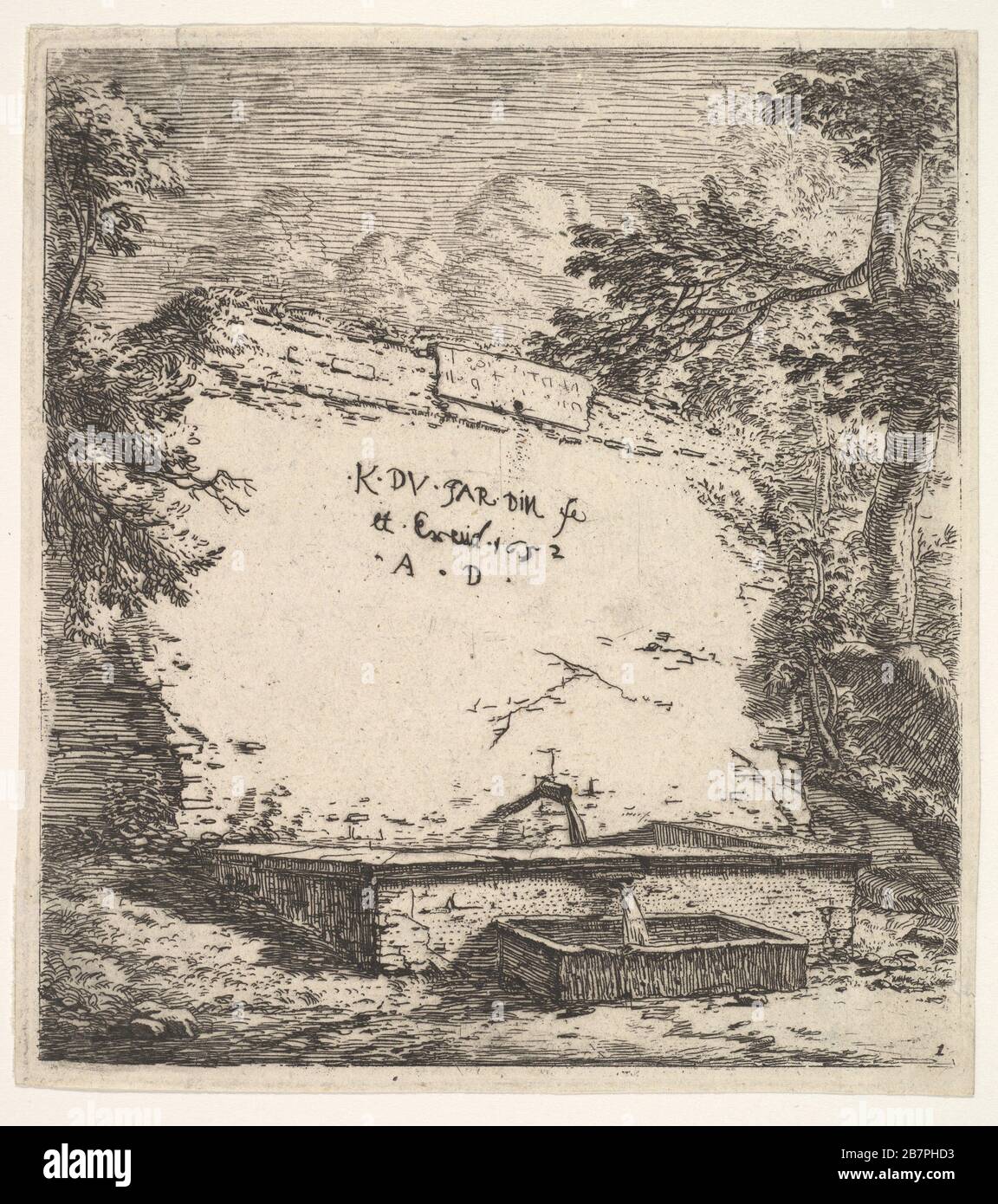 Frontispiece avec fontaine étagée; un mur de pierre avec bec verseur d ...