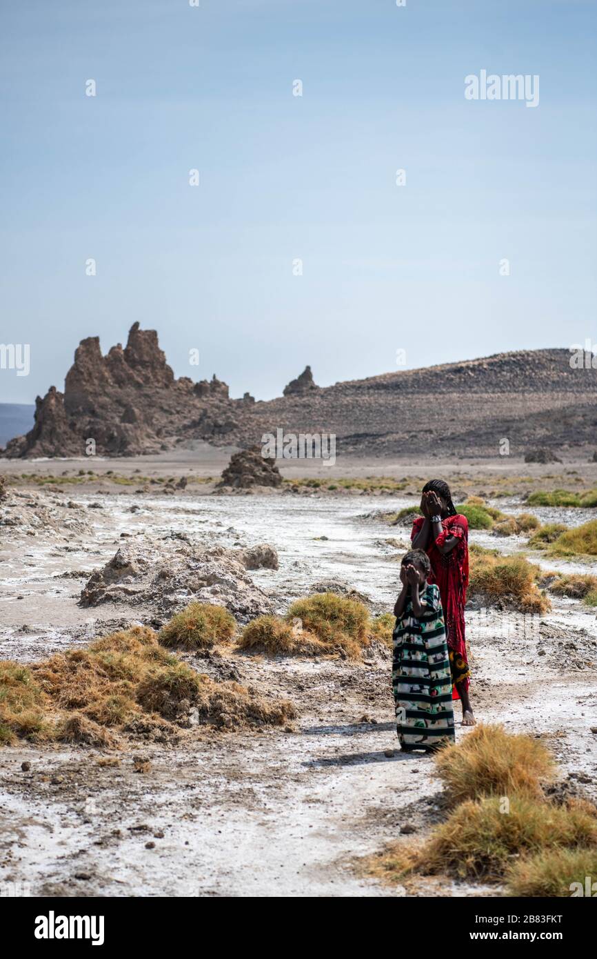 Afrique, Djibouti, Lac Abbe. Vue sur le paysage du lac Abbe deux ...