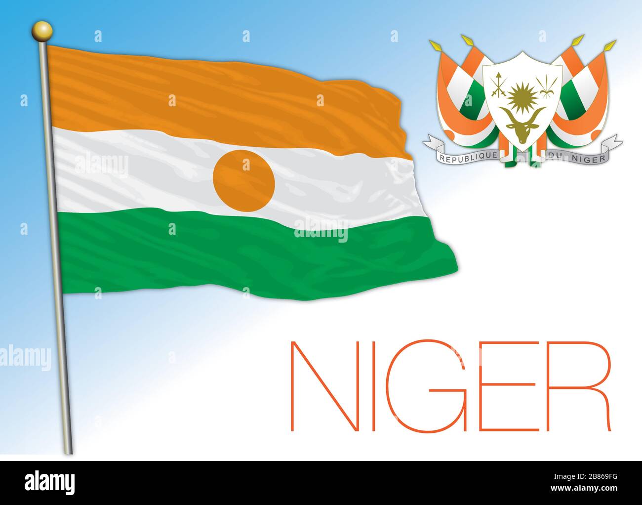 Drapeau national officiel du Niger et armoiries, pays africain ...