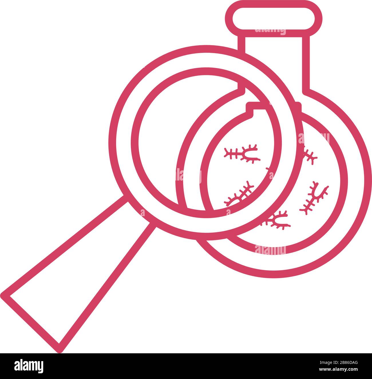 flacon avec virus et icône de loupe sur fond blanc, icône de style de ...