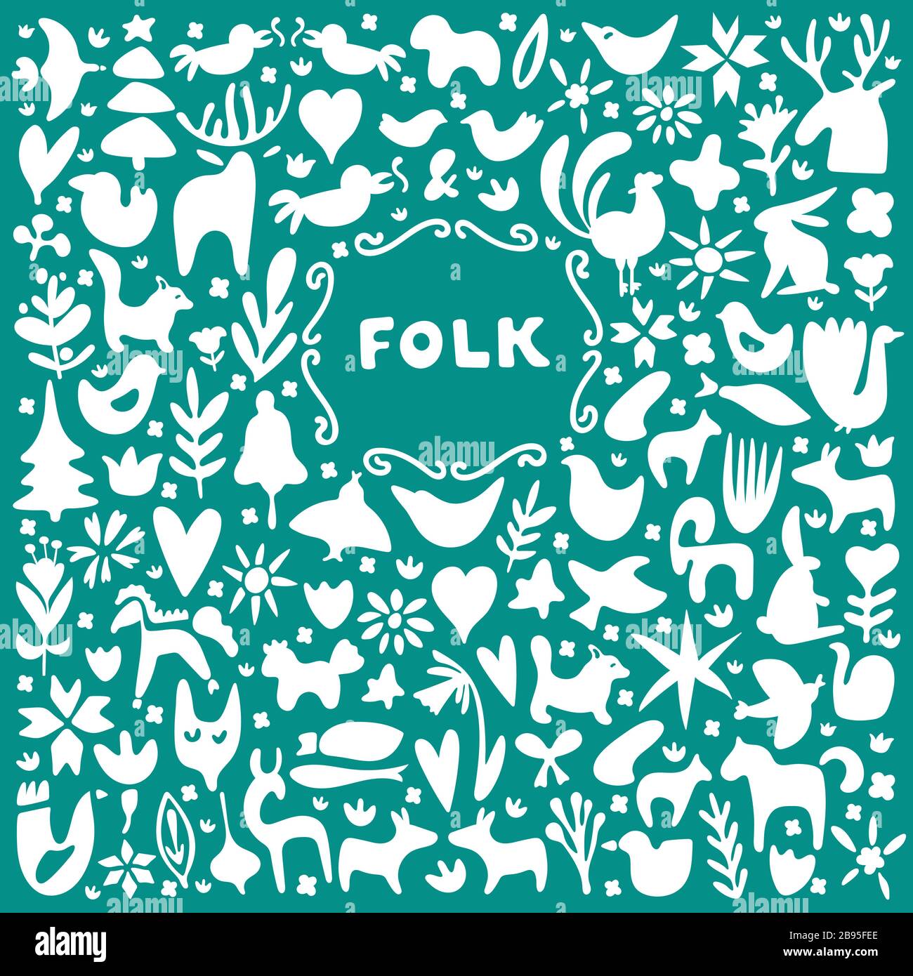 Tuile d'art folklorique en vert et blanc. Doodle avec cadre pour le ...