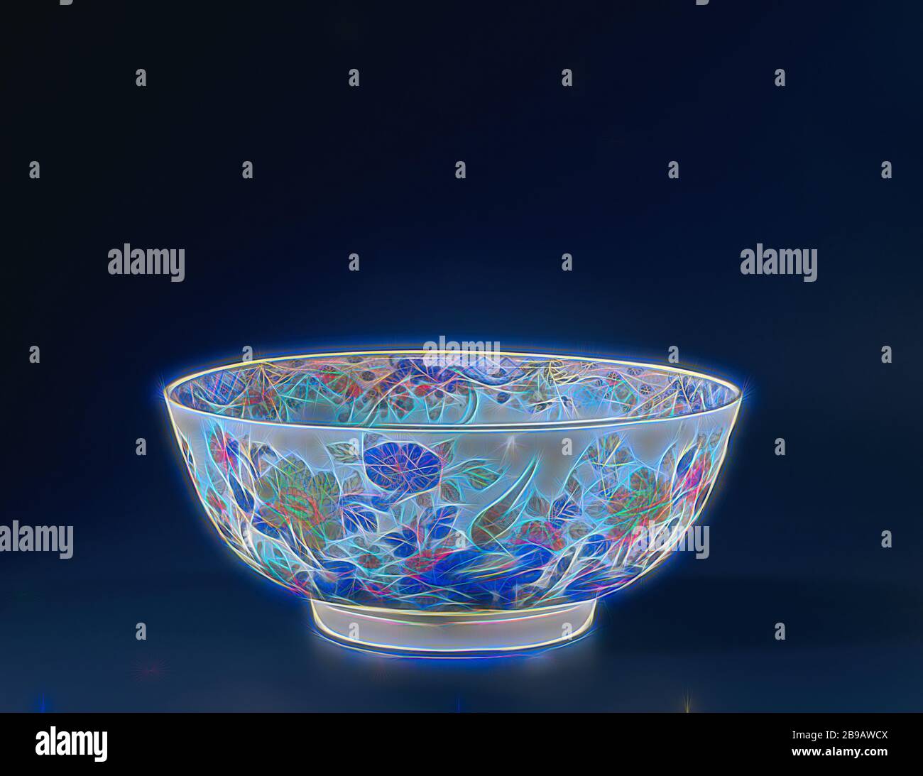 Bol à Punch avec des plantes à fleurs, faisans, papillon et la carpe ...