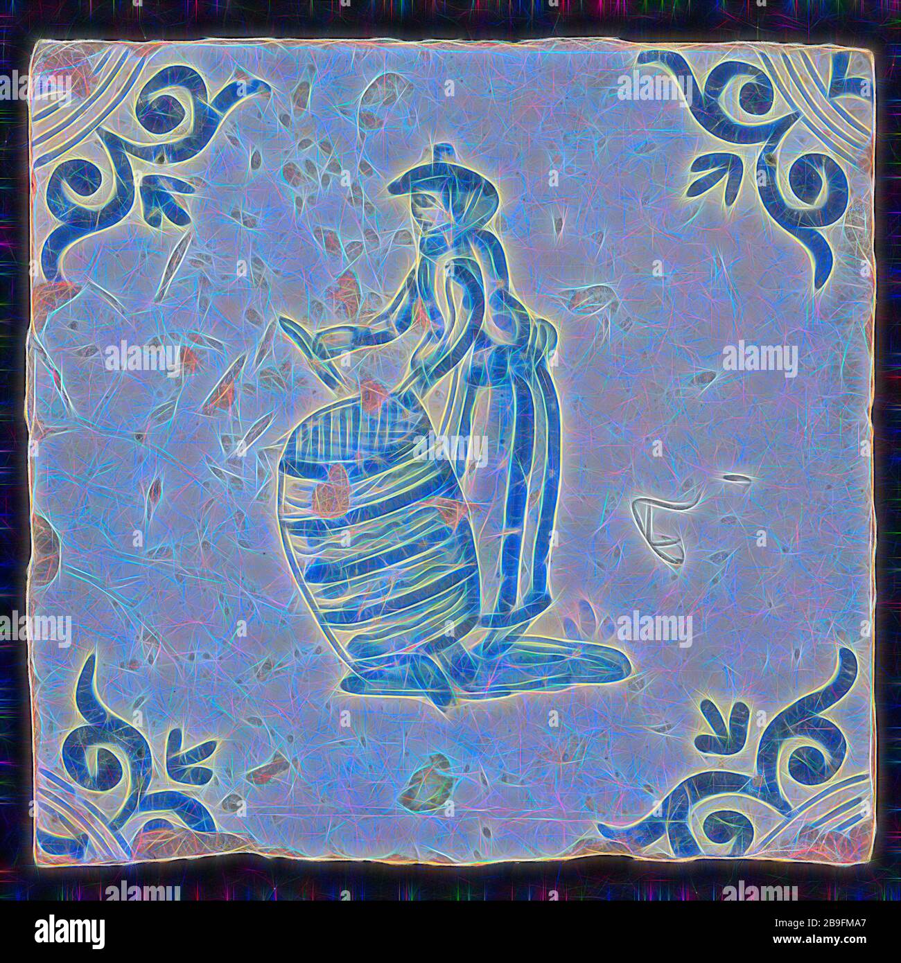 La figure mosaïque, bleu avec femme avec baril de poissons, motif d ...