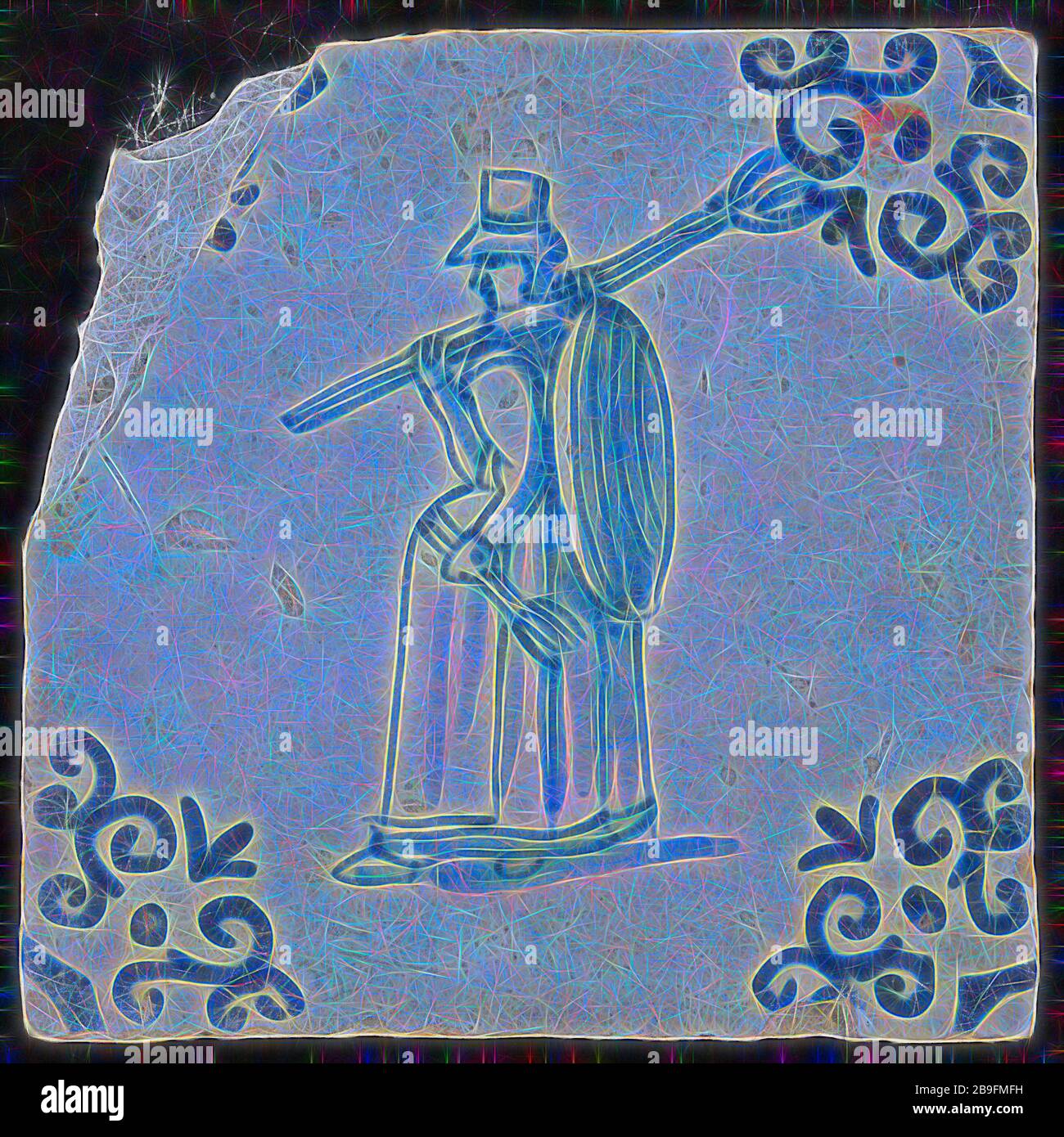 Tuile d'occupation, bleu avec femme et fourche sur l'épaule et ...